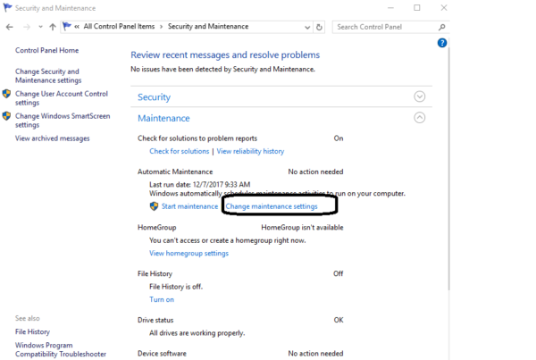 Automatic Maintenance Settings in Windows 10 - Technoresult