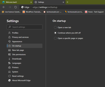 Make Microsoft Edge to Continue where you left off - Technoresult