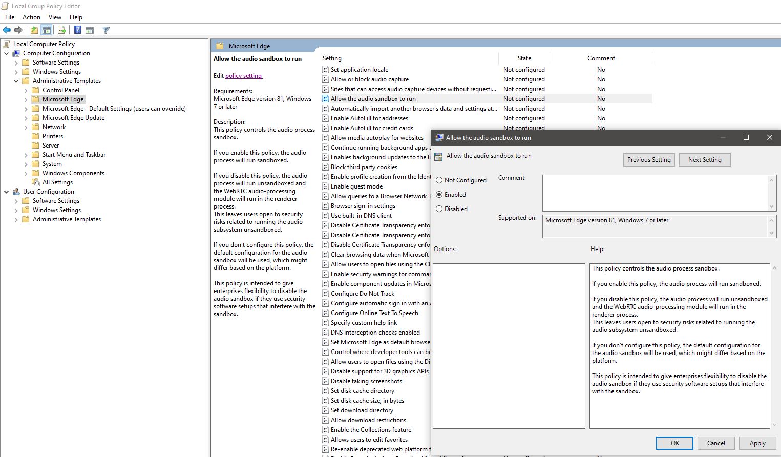 Enable Audio Sandbox in Edge Browser - Technoresult