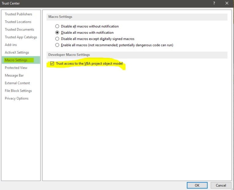 Error 1004, Programmatic access to Visual Basic Project is not trusted - Technoresult