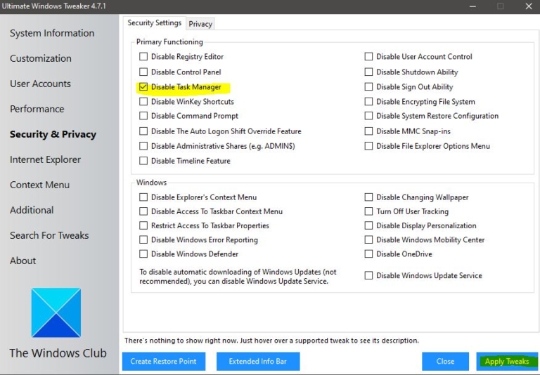 Disable Windows Task Manager Using Ultimate Windows Tweaker - Technoresult